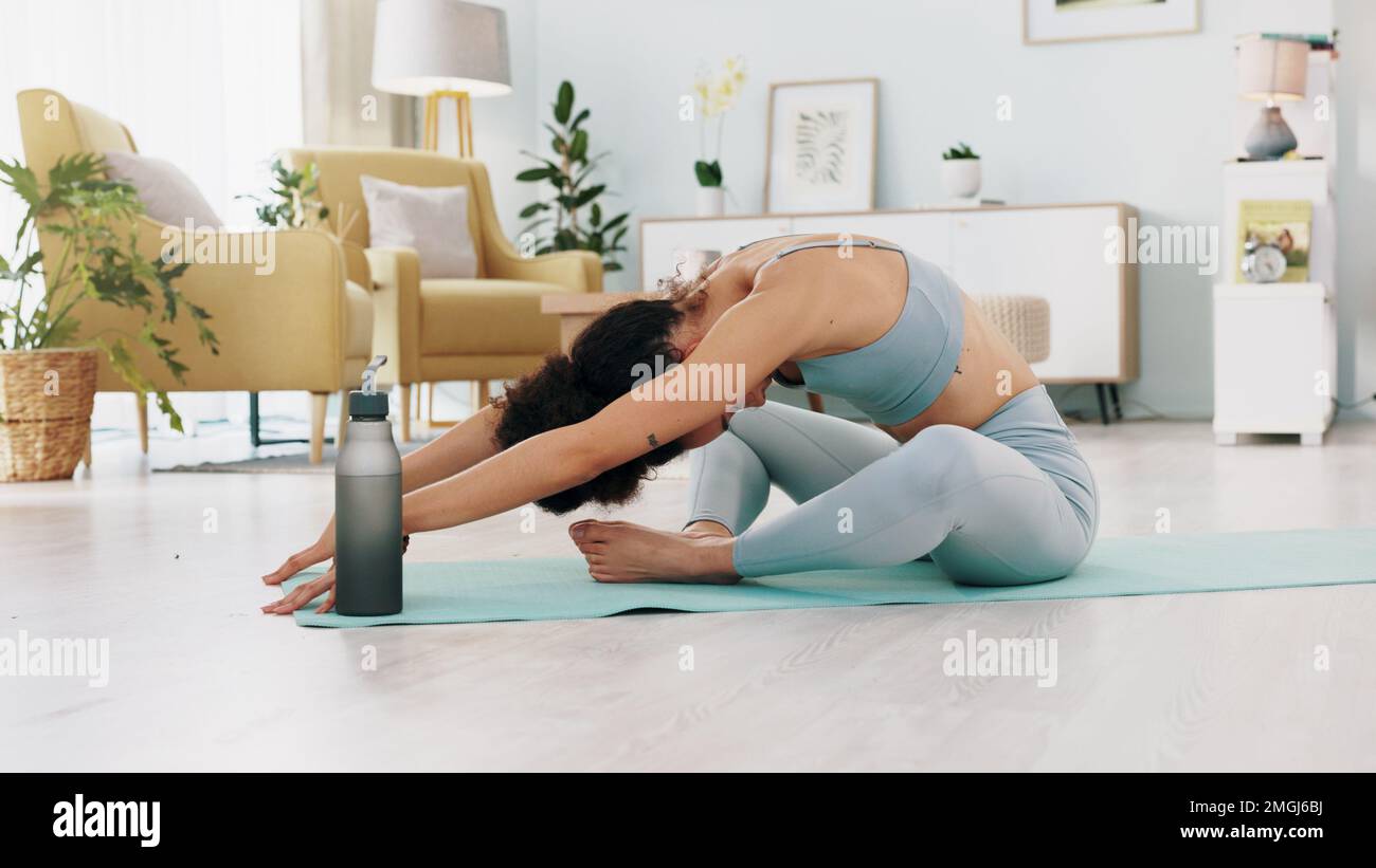Fitness, yoga or meditation stretching woman for workout in the living ...