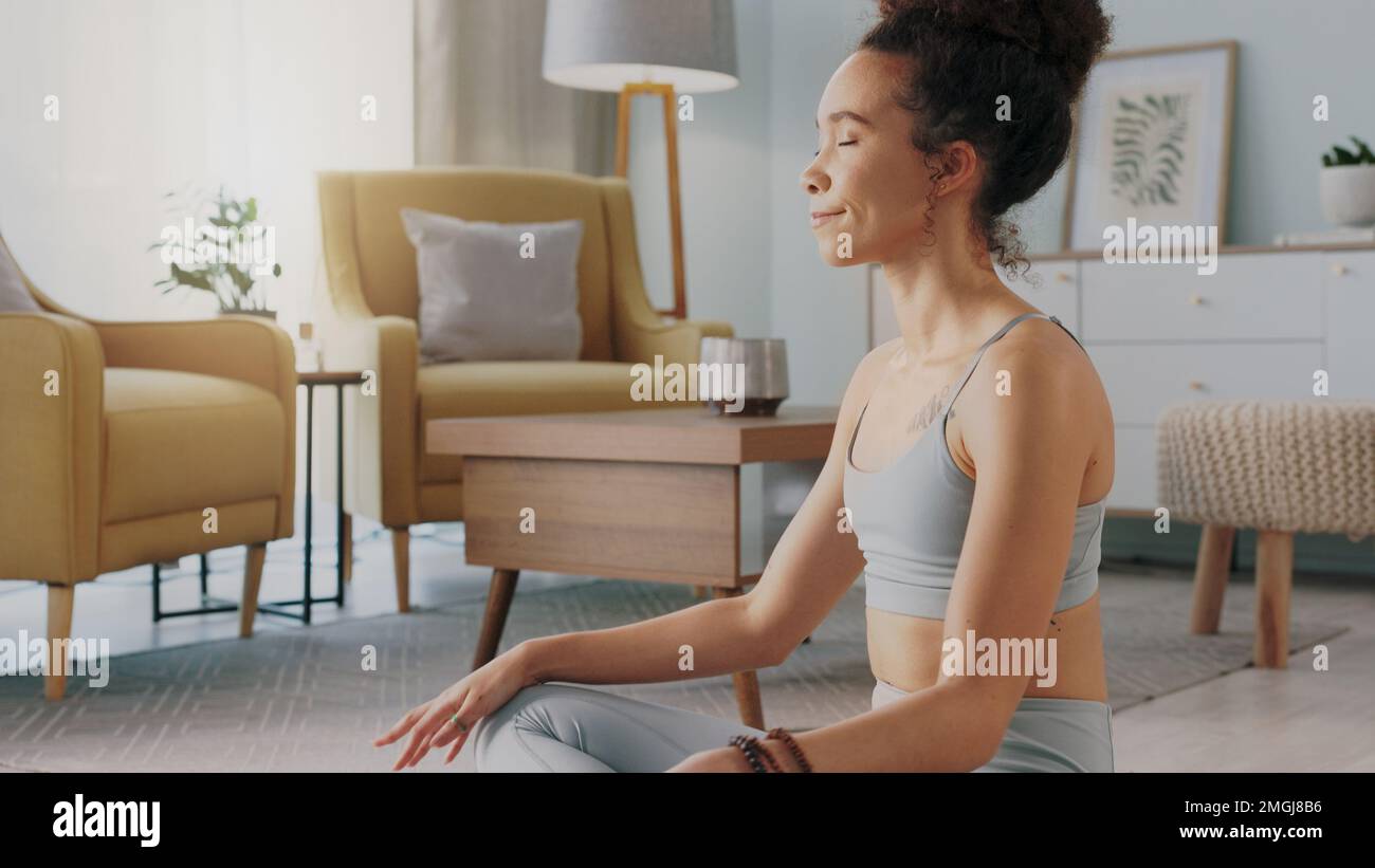 Meditation, pilates and home yoga for black woman working on spiritual ...