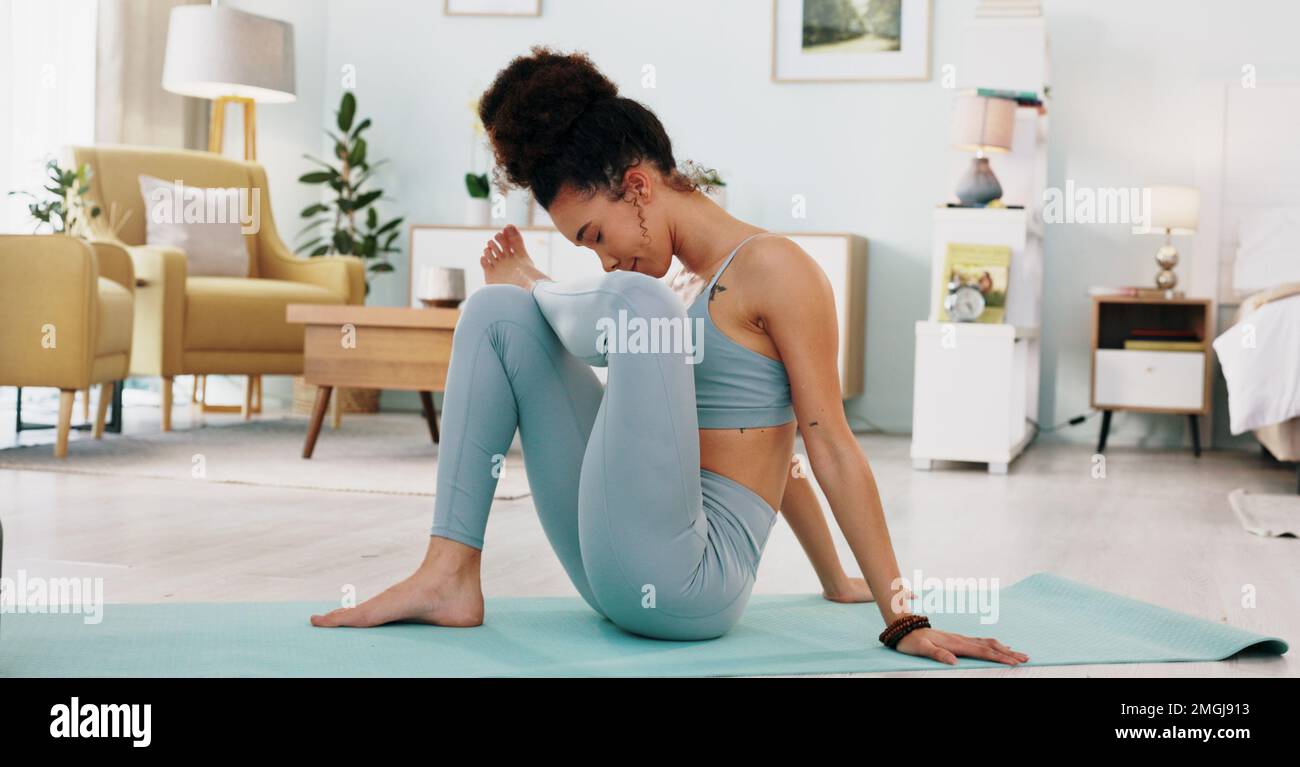 Fitness, yoga or meditation stretching woman for workout in the living ...