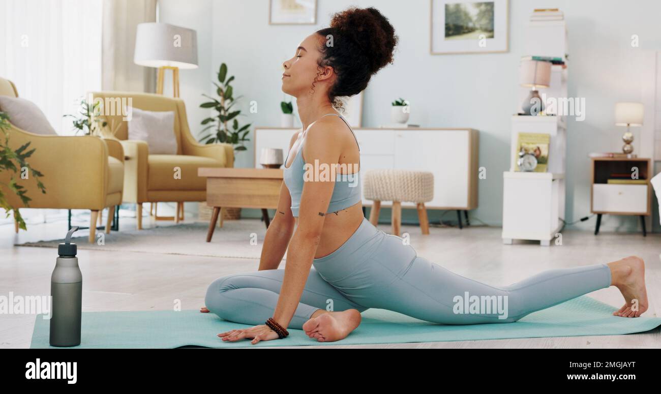 Fitness, yoga or meditation stretching woman for workout in the living ...