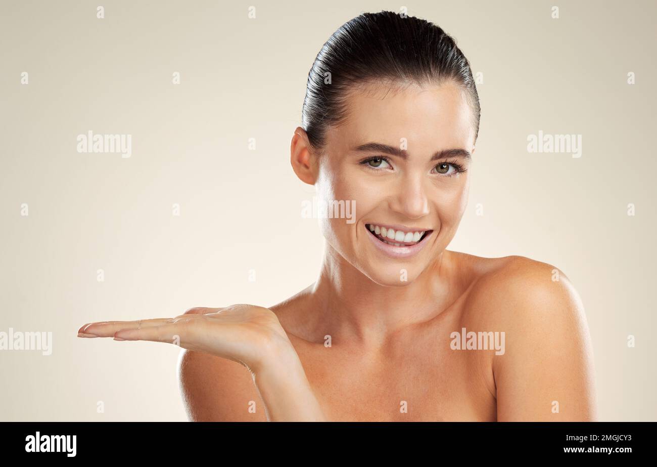 Skincare, beauty and hand of woman portrait with space for mockup ...
