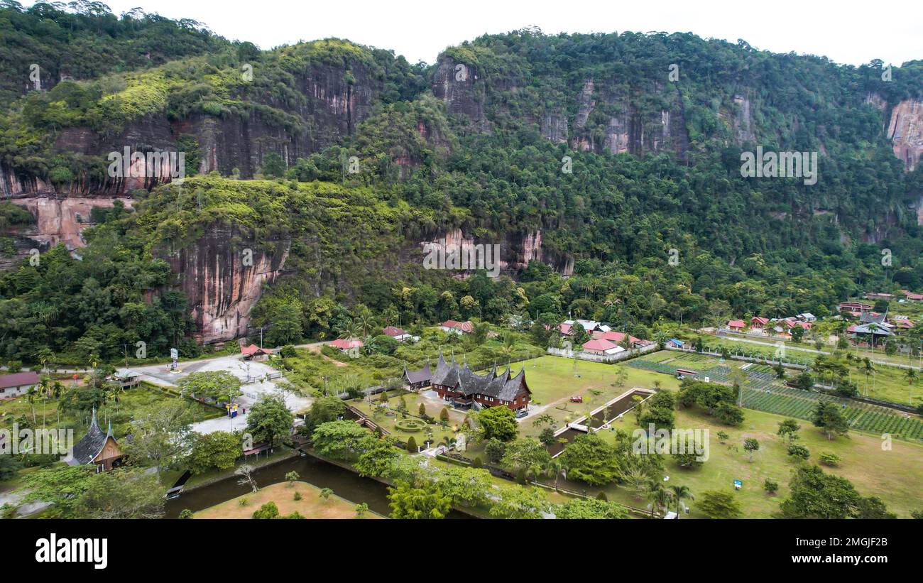 Aerial view of Minangkabau house or Rumah Gadang in a beautiful ...