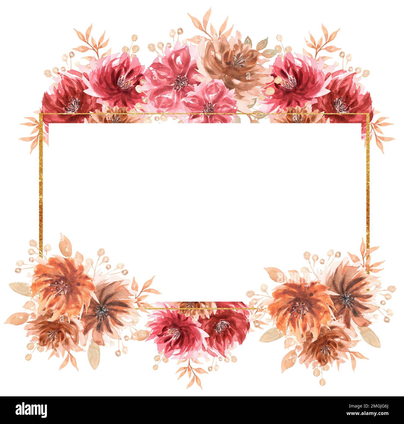 Watercolor red flowers and golden frame clip art, coral florals ...