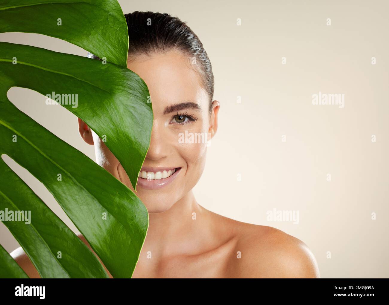 Green plant, skincare and beauty woman portrait for natural dermatology ...