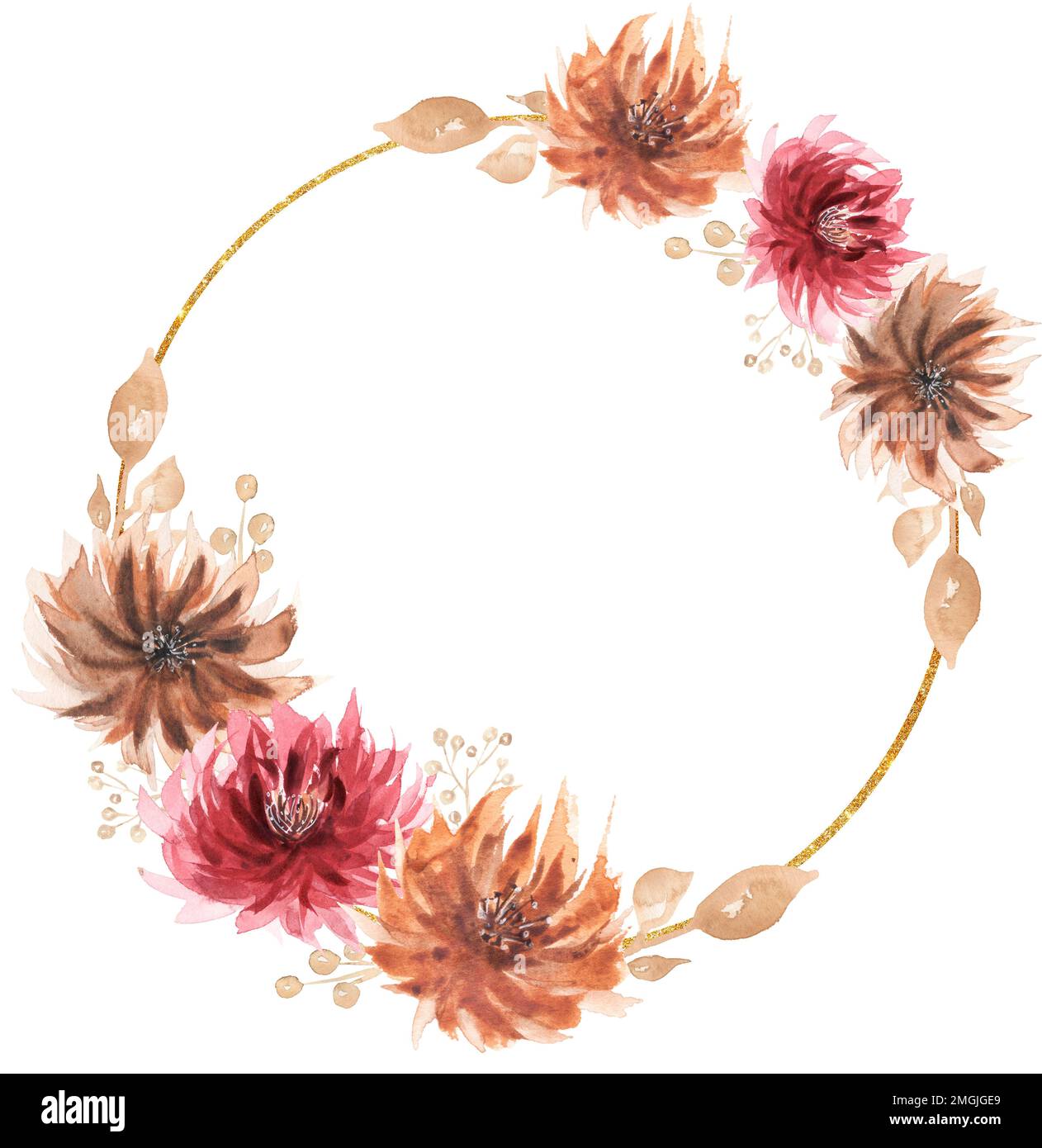 Watercolor red flowers and golden wreath clip art, coral florals ...