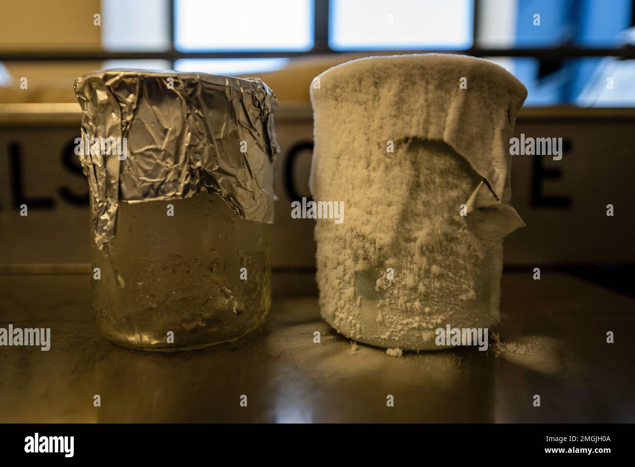 Beakers with liquid oxygen ready to be tested at Travis Air Force Base ...