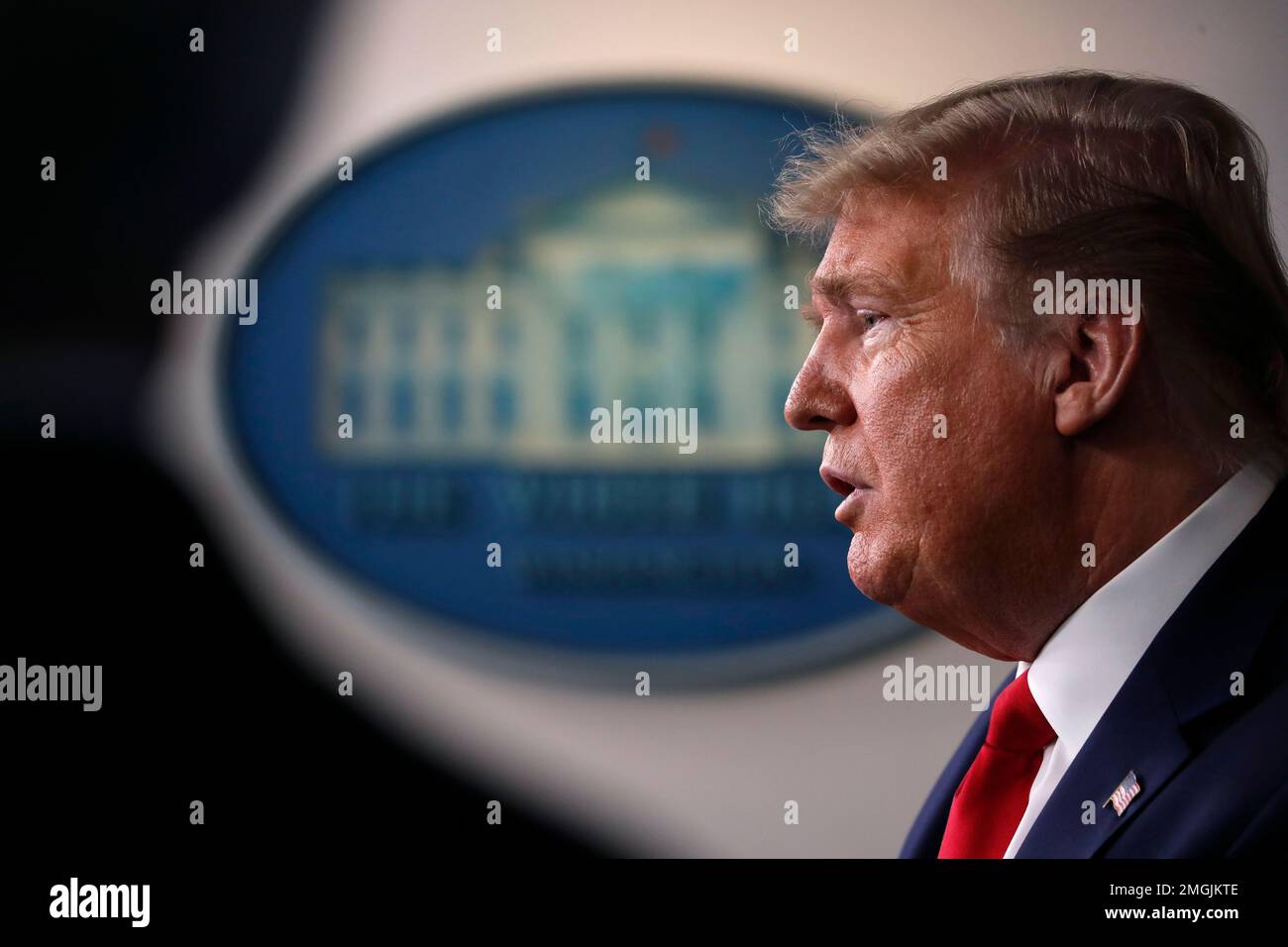 President Donald Trump speaks about the coronavirus in the James Brady ...