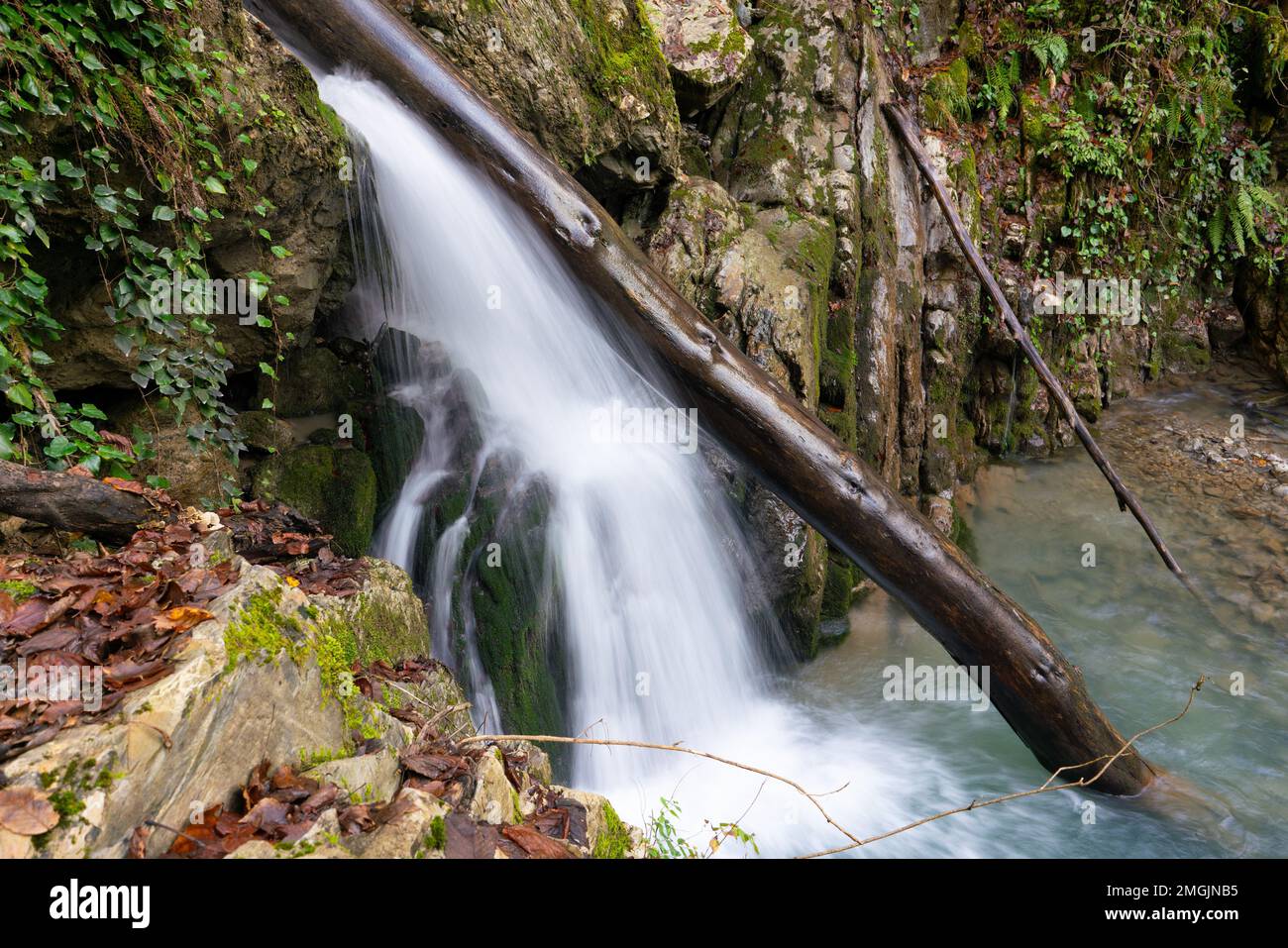 Beautiful view of waterfall landscape. Small waterfall in deep green ...