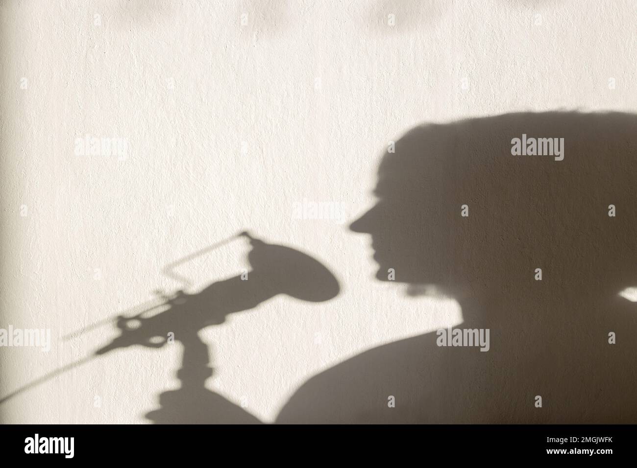Shadow of Female Podcast Creator with Microphone Stock Photo - Alamy
