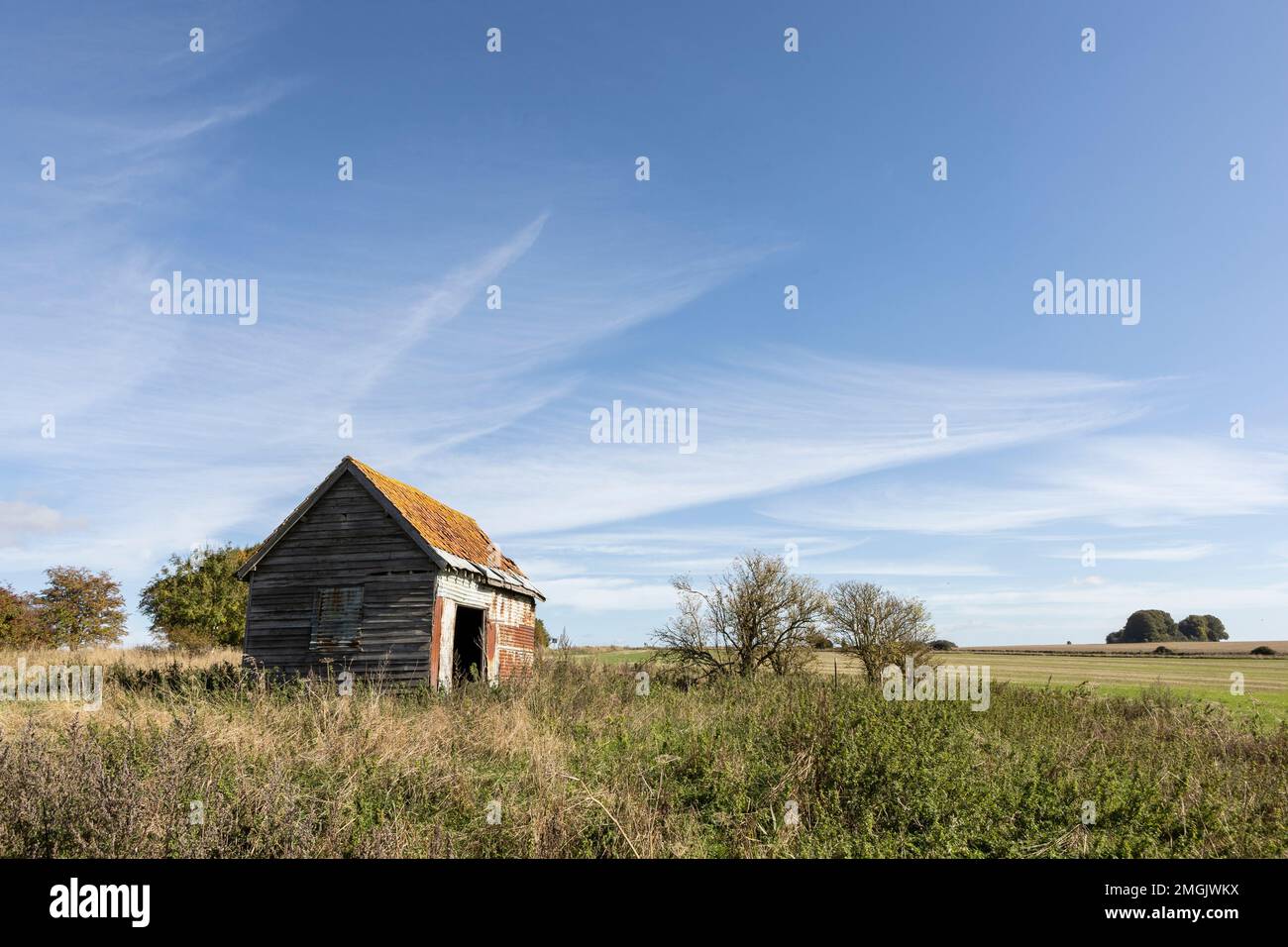 old rustic wooden farm shed, agriculture fields on Salisbury plain ...