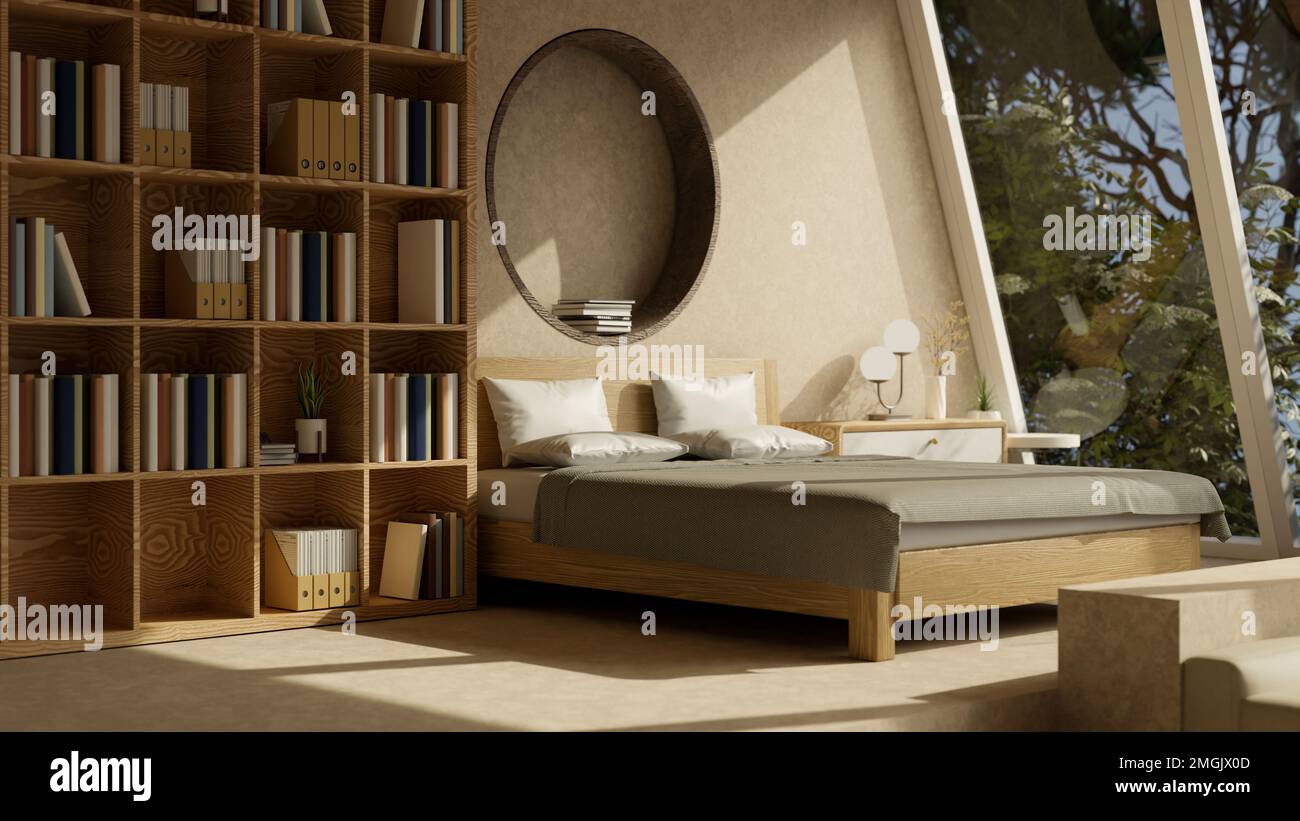 side view of modern contemporary bedroom interior design with cozy bed ...