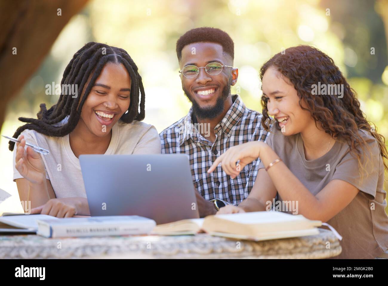 Students, friends and group with laptop laughing at funny meme ...
