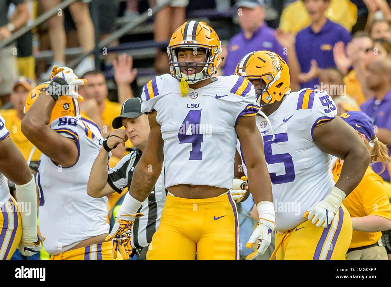 LSU linebacker K'Lavon Chaisson (4) takes part in an NCAA college ...