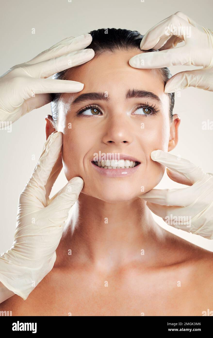 Beauty, plastic surgery and filler on face of woman with collagen ...