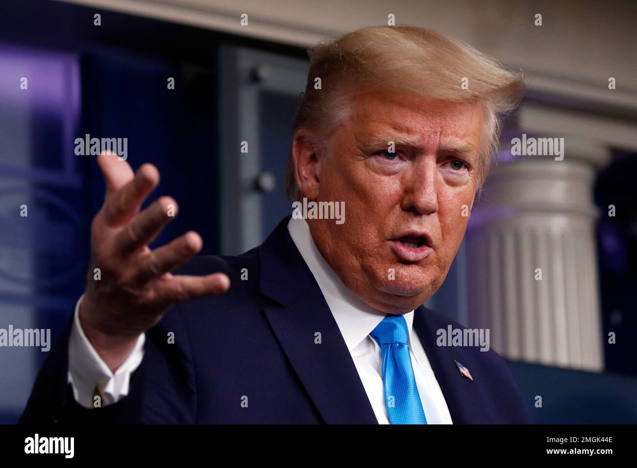 President Donald Trump speaks about the coronavirus in the James Brady ...