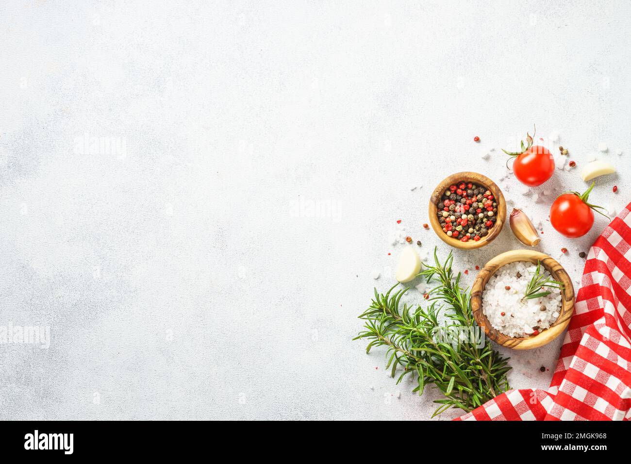 Food background with spices, herbs and utensil on white background ...