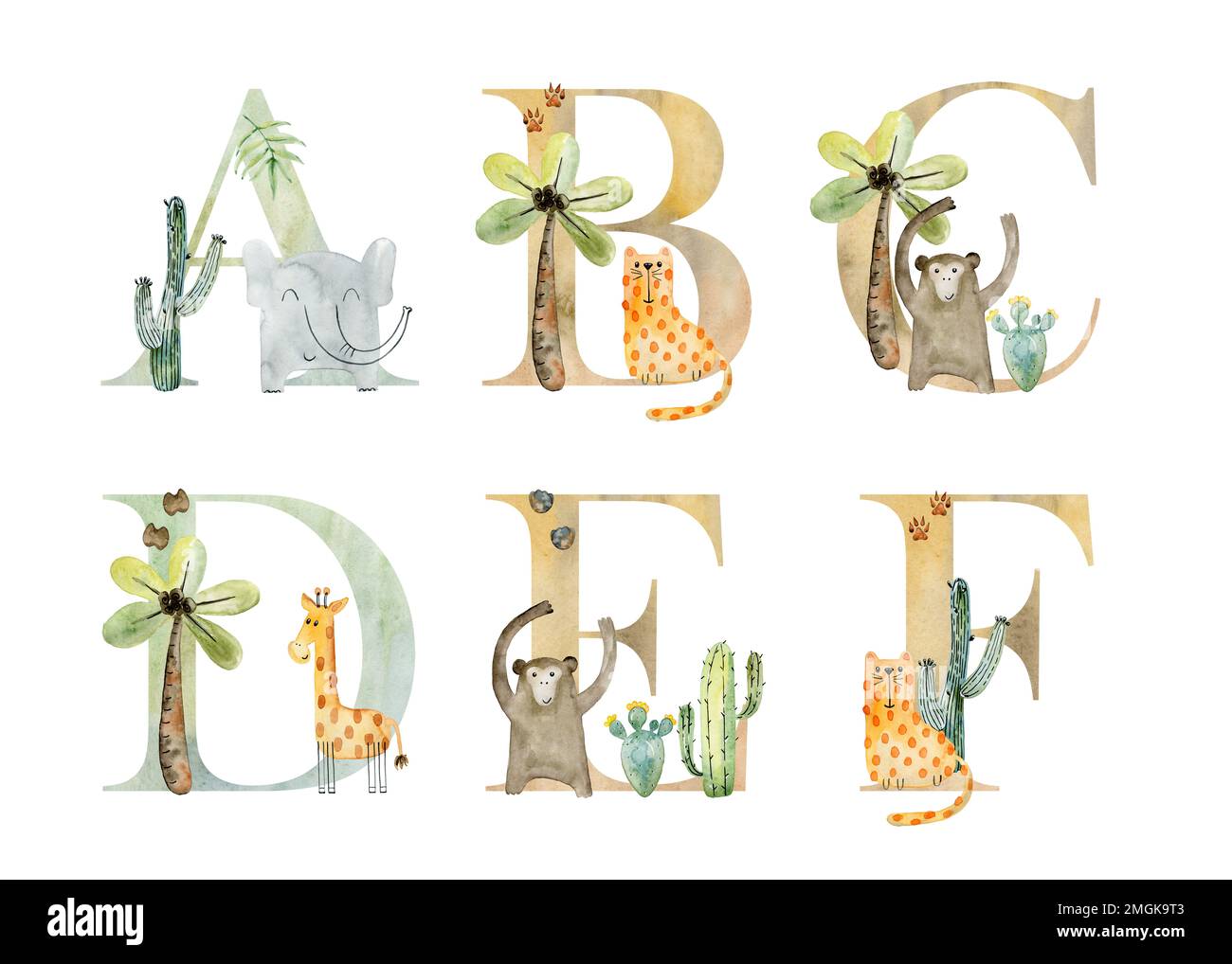 Watercolor safari animals letters for invitation card, nursery poster ...