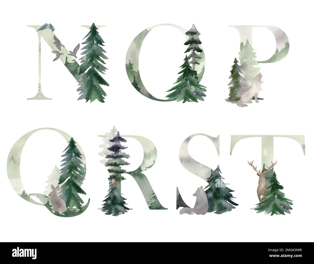 Watercolor forest letters for invitation card, poster and other Stock ...