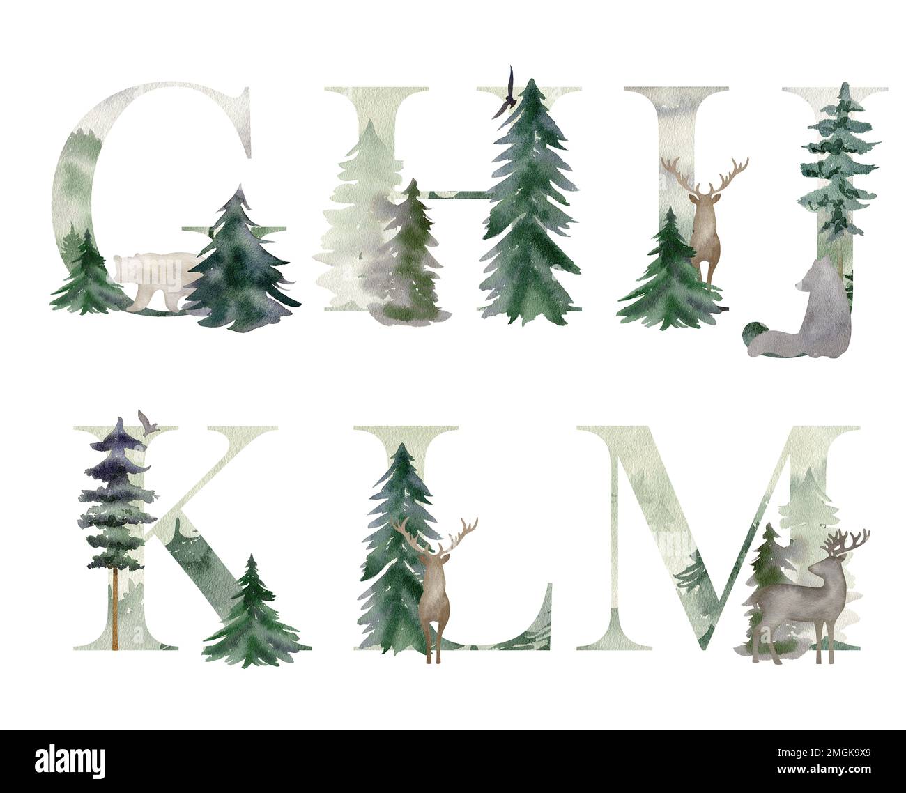 Watercolor forest letters for invitation card, poster and other Stock ...