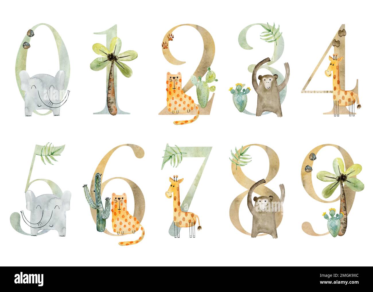 Watercolor safari animals numbers for invitation card, nursery poster ...