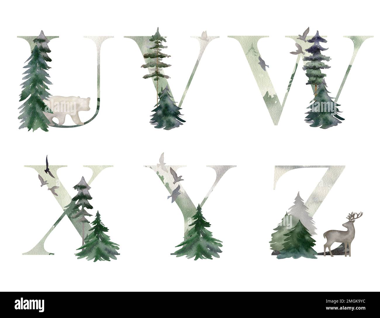 Watercolor forest letters for invitation card, poster and other Stock ...