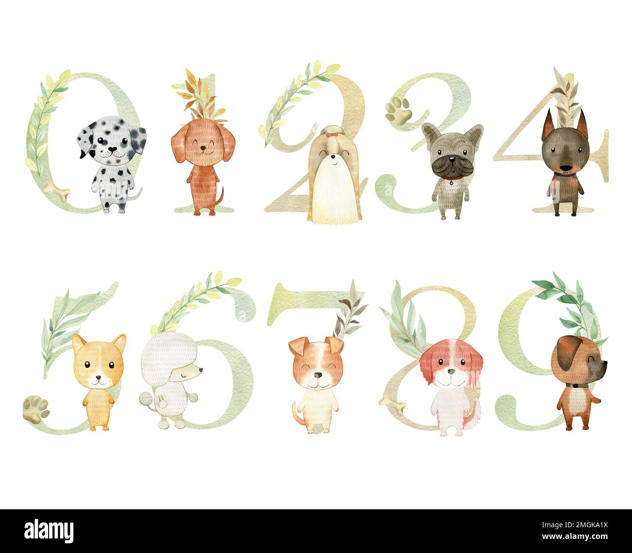Watercolor dogs numbers for invitation card, nursery poster and other ...