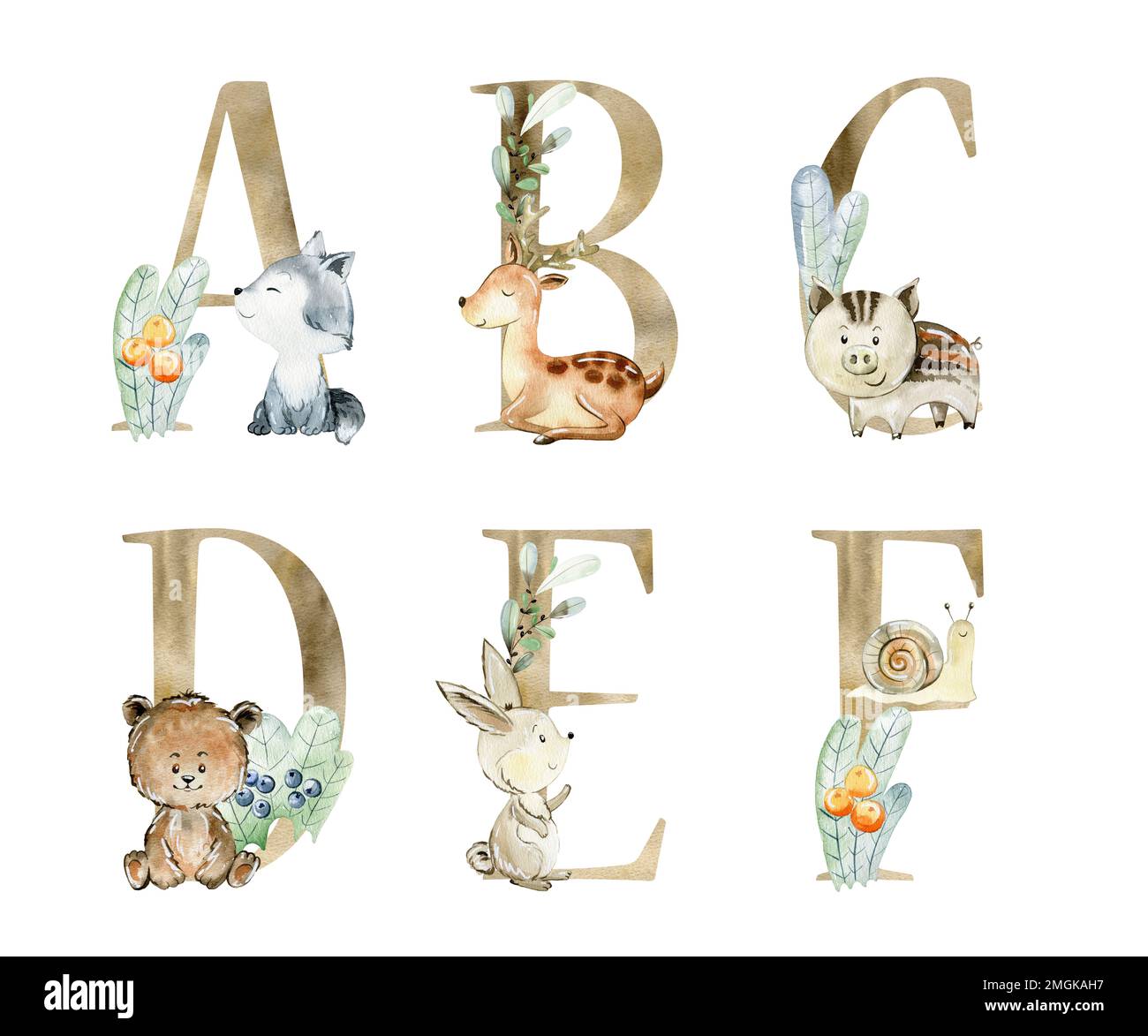 Watercolor woodland animals letters for invitation card, nursery poster ...