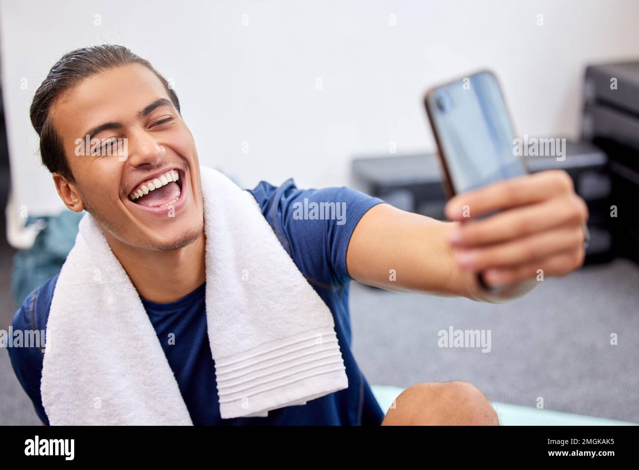Fitness, man and laugh for selfie, social media or profile picture with ...