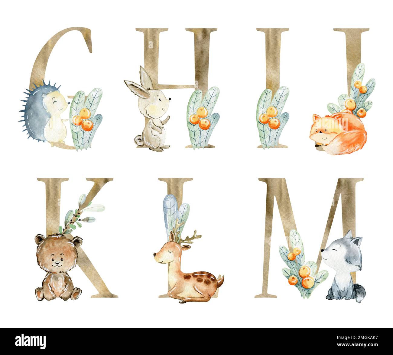 Watercolor woodland animals letters for invitation card, nursery poster ...