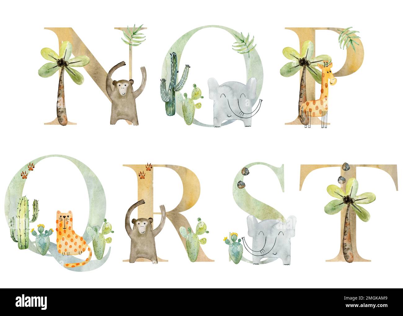 Watercolor safari animals letters for invitation card, nursery poster ...
