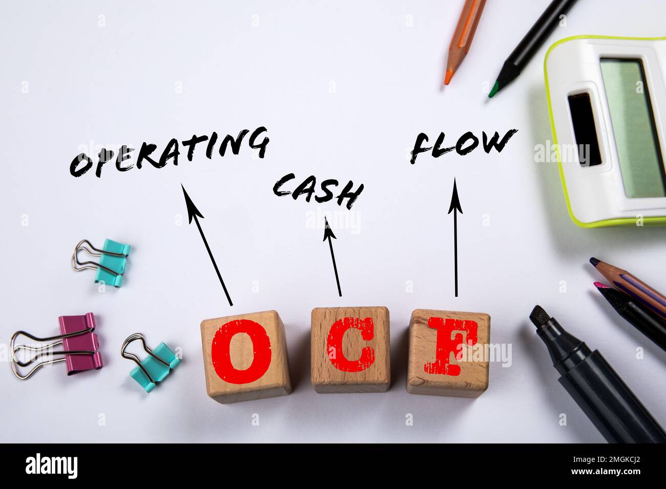 OCF - Operating Cash Flow. Wooden blocks on a white office table Stock ...