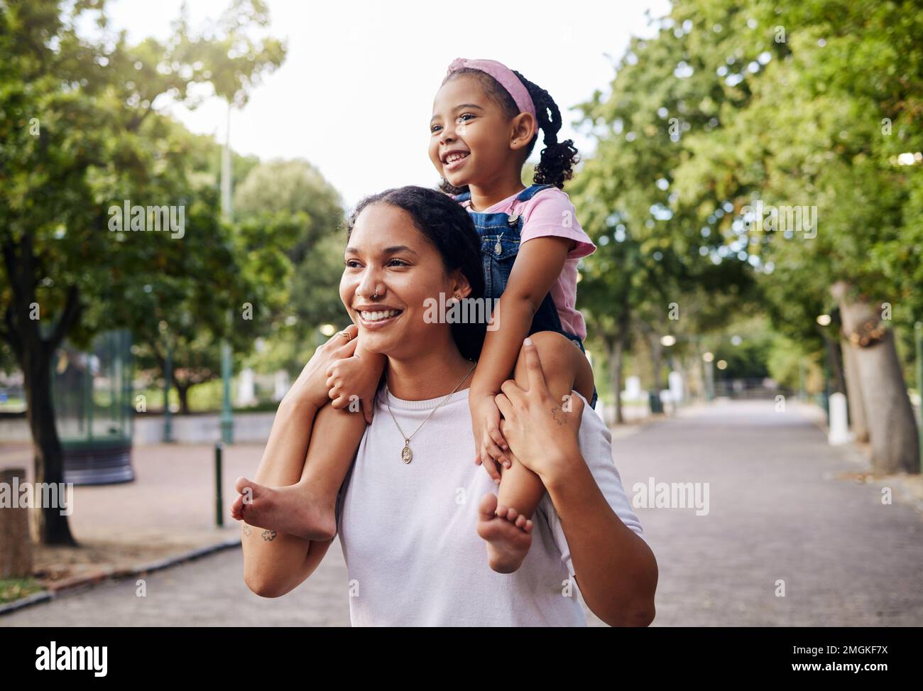 Back, mother with girl and on neck, happiness, summer break and walking ...