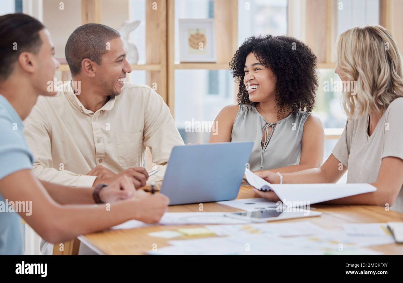 Teamwork discussion, laptop and planning strategy, sales research or ...