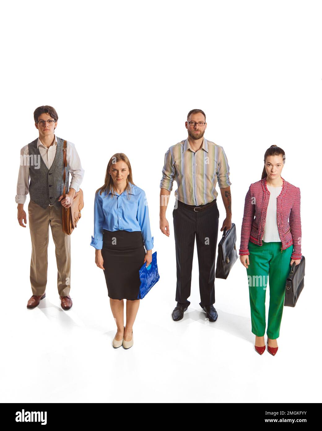 Four young people, businessmen, office workers standing together and ...