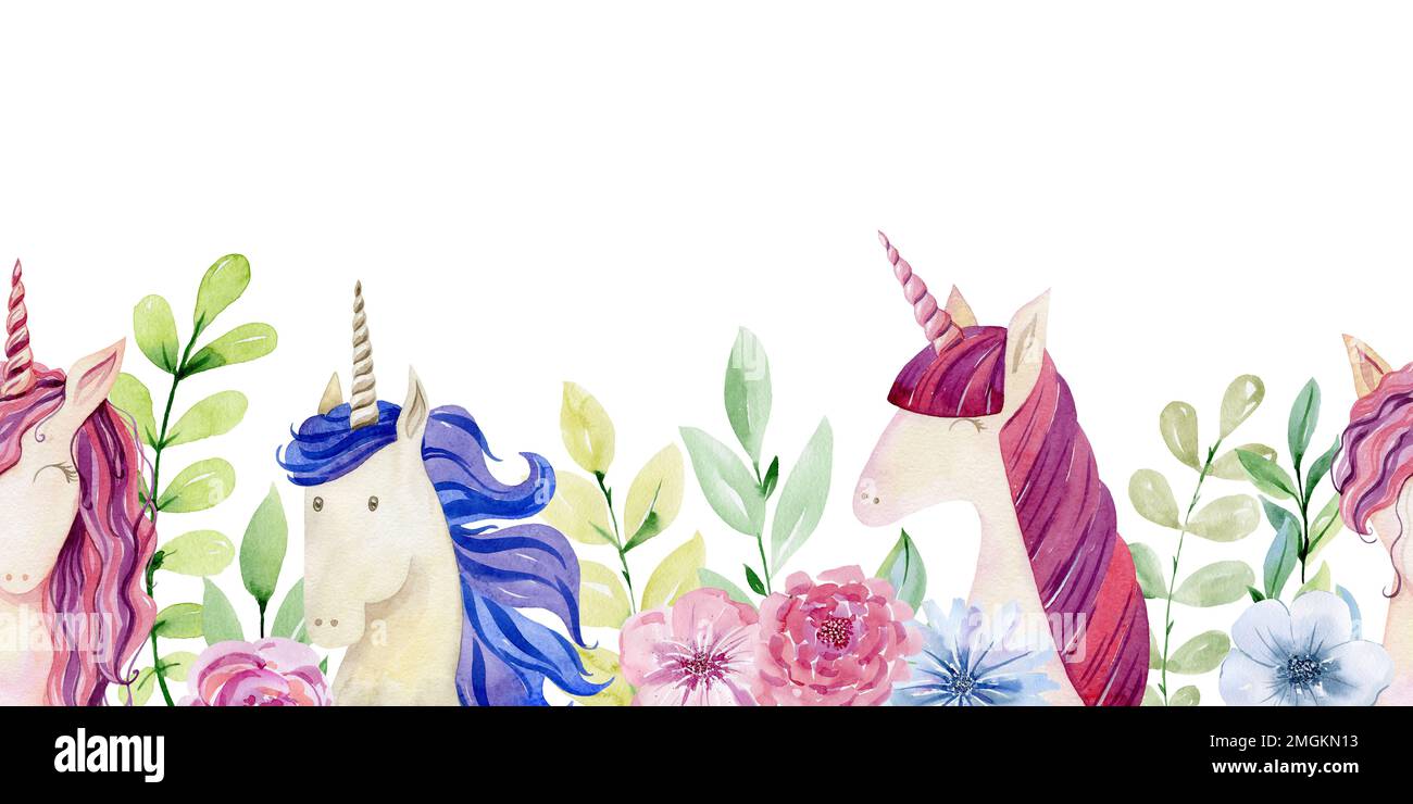 Watercolor unicorns seamless border. Magical fantasy character Stock ...