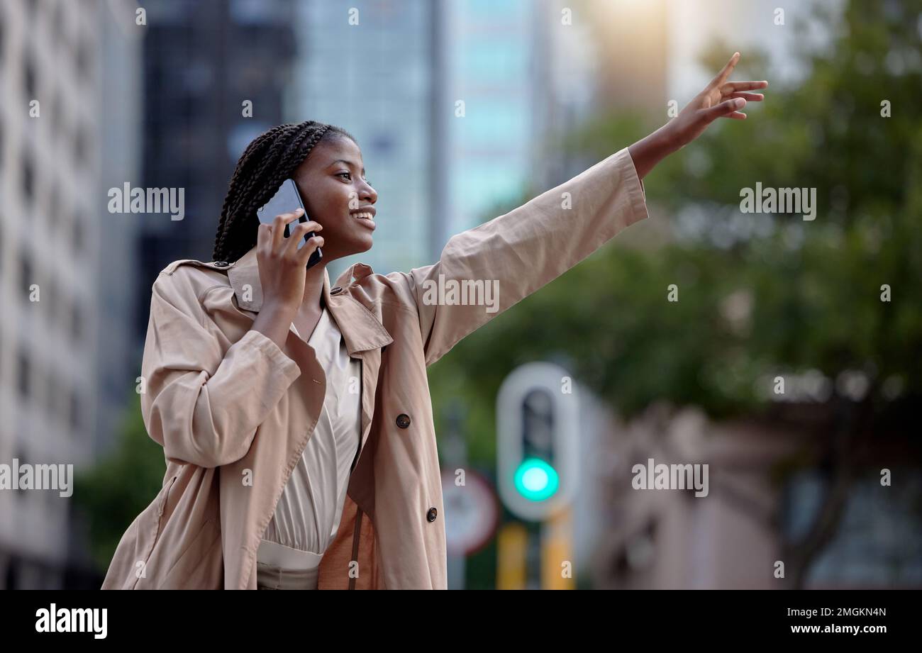 Travel, phone call and black woman with hand for taxi, cab and signal ...