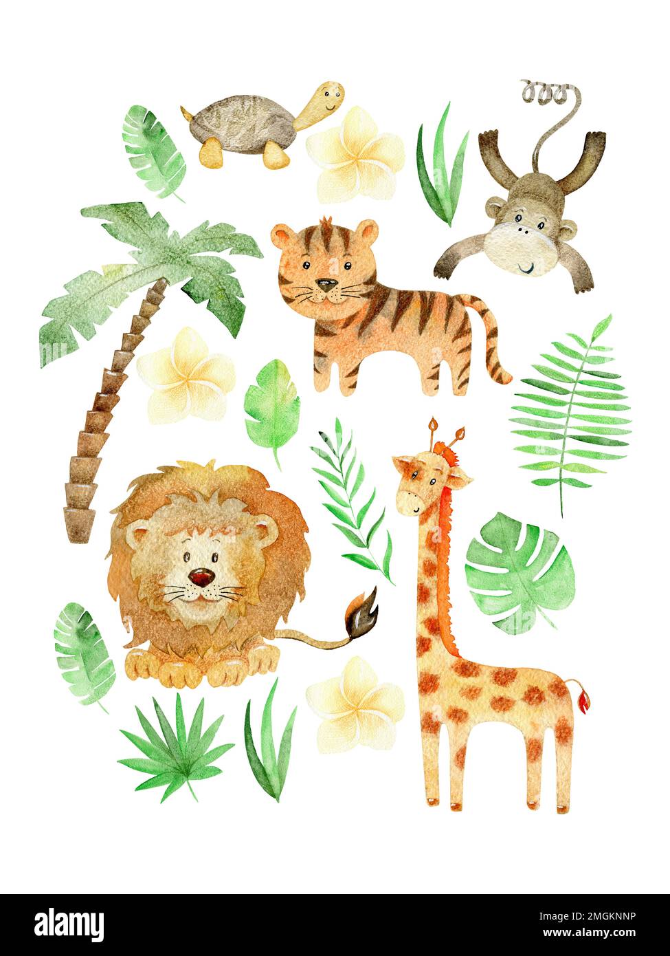 Watercolor arrangements with safari animals. Exotic decoration on a ...