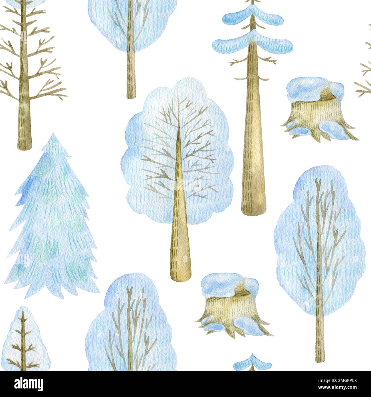 Watercolor forest seamless pattern with trees and stumps Stock Photo ...