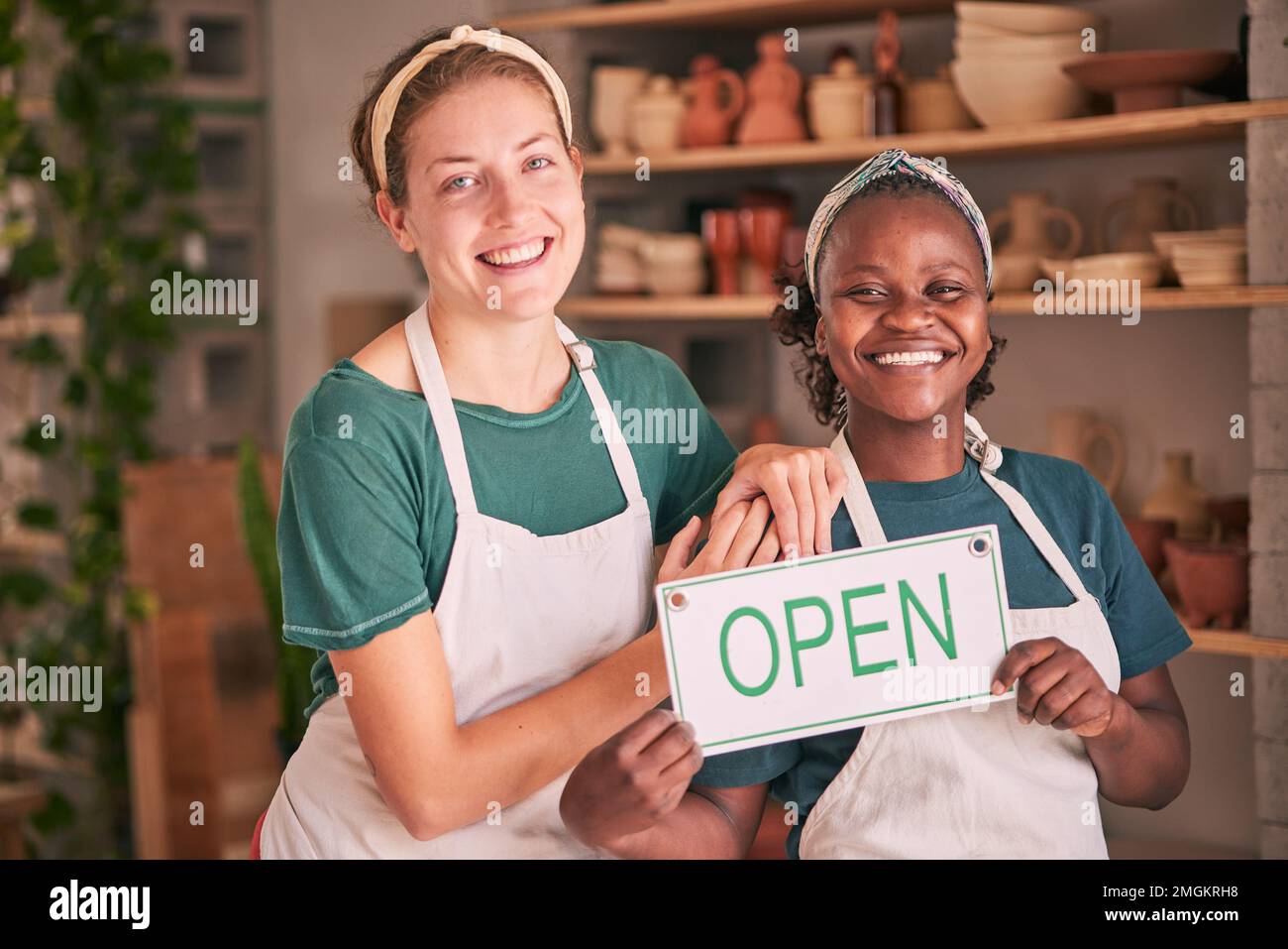Small business, pottery and women team with open sign for creative workshop, art studio and ...