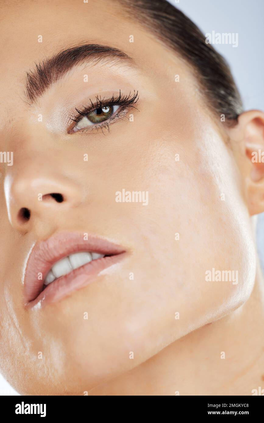 Beauty, skincare portrait and jawline of woman on studio background for ...