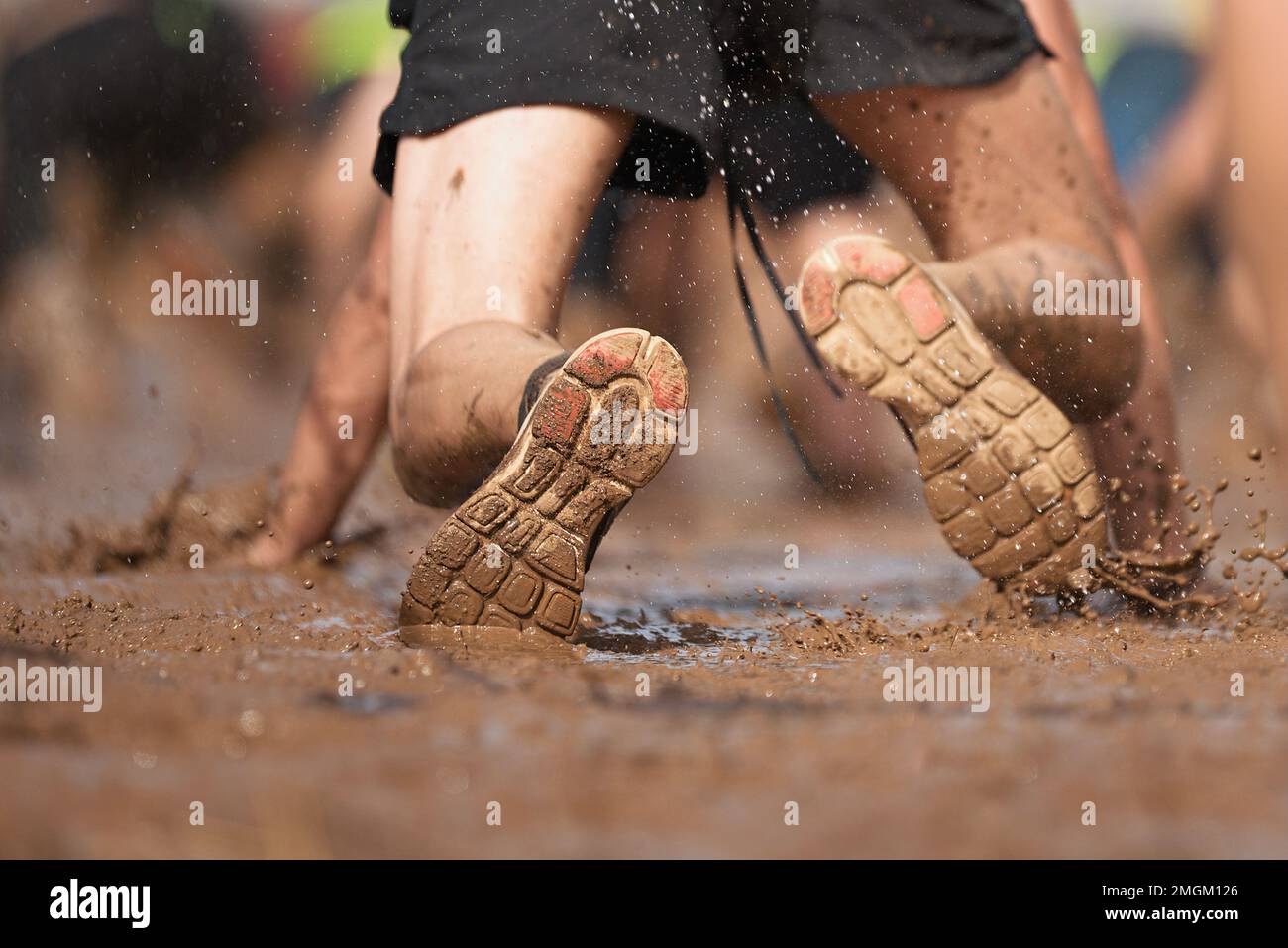 Mud race runners.Crawling,passing under a barbed wire obstacles during ...