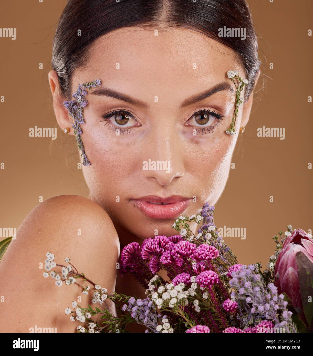 Floral beauty, flower bouquet and face of woman with eco friendly ...