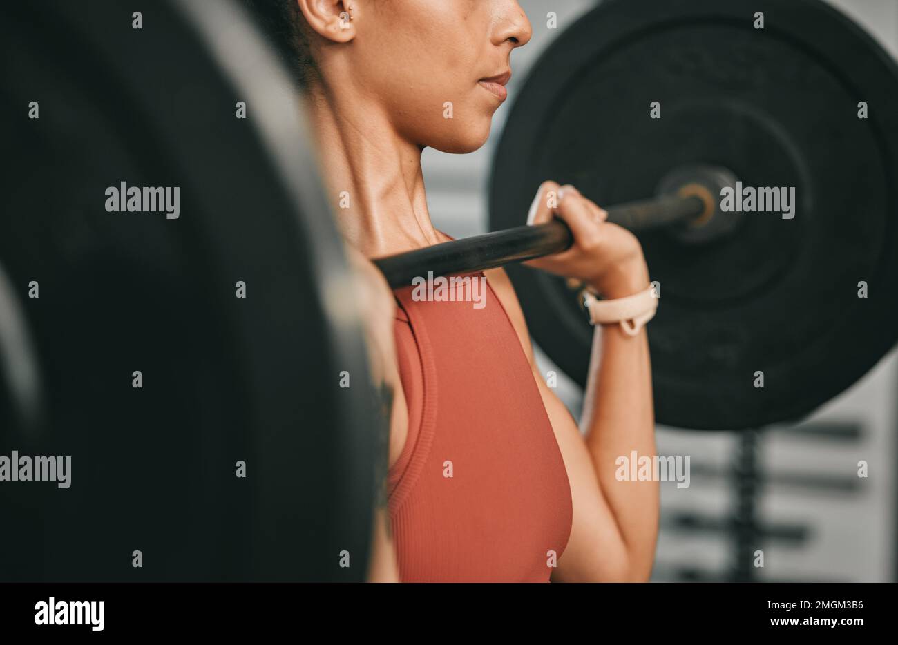 Gym fitness, barbell workout and black woman doing muscle performance ...