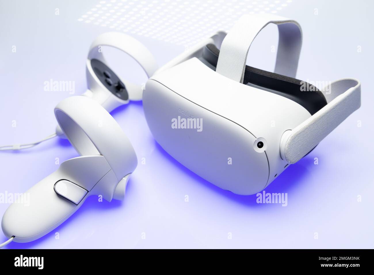 White new generation VR headset isolated on white background with blue ...