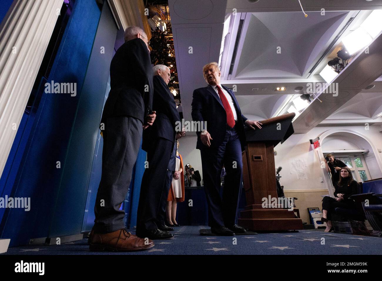 President Donald Trump turns to depart after speaking about the ...