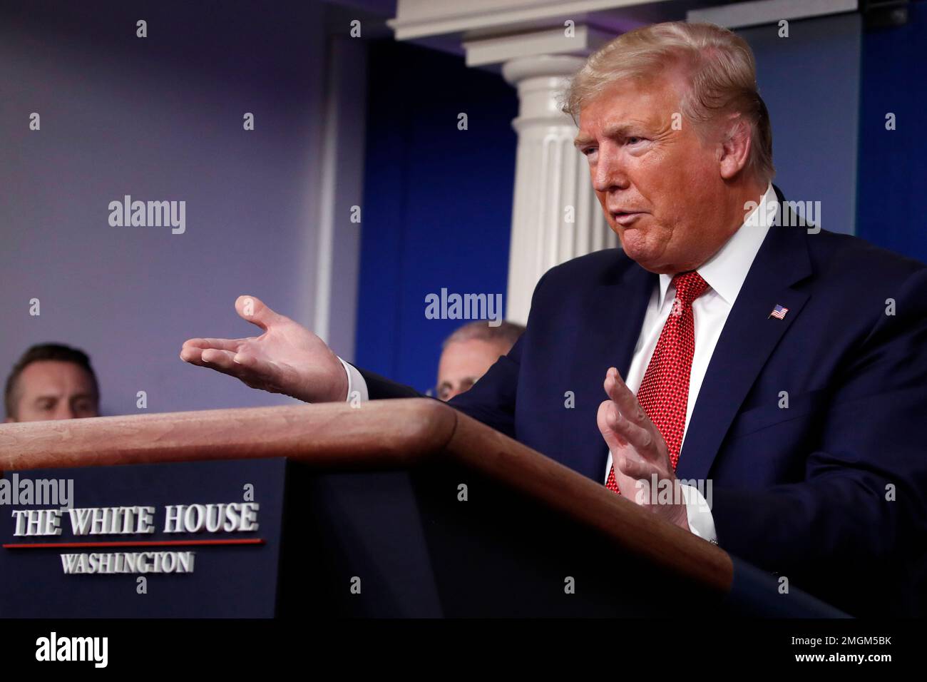 President Donald Trump speaks about the coronavirus in the James Brady ...