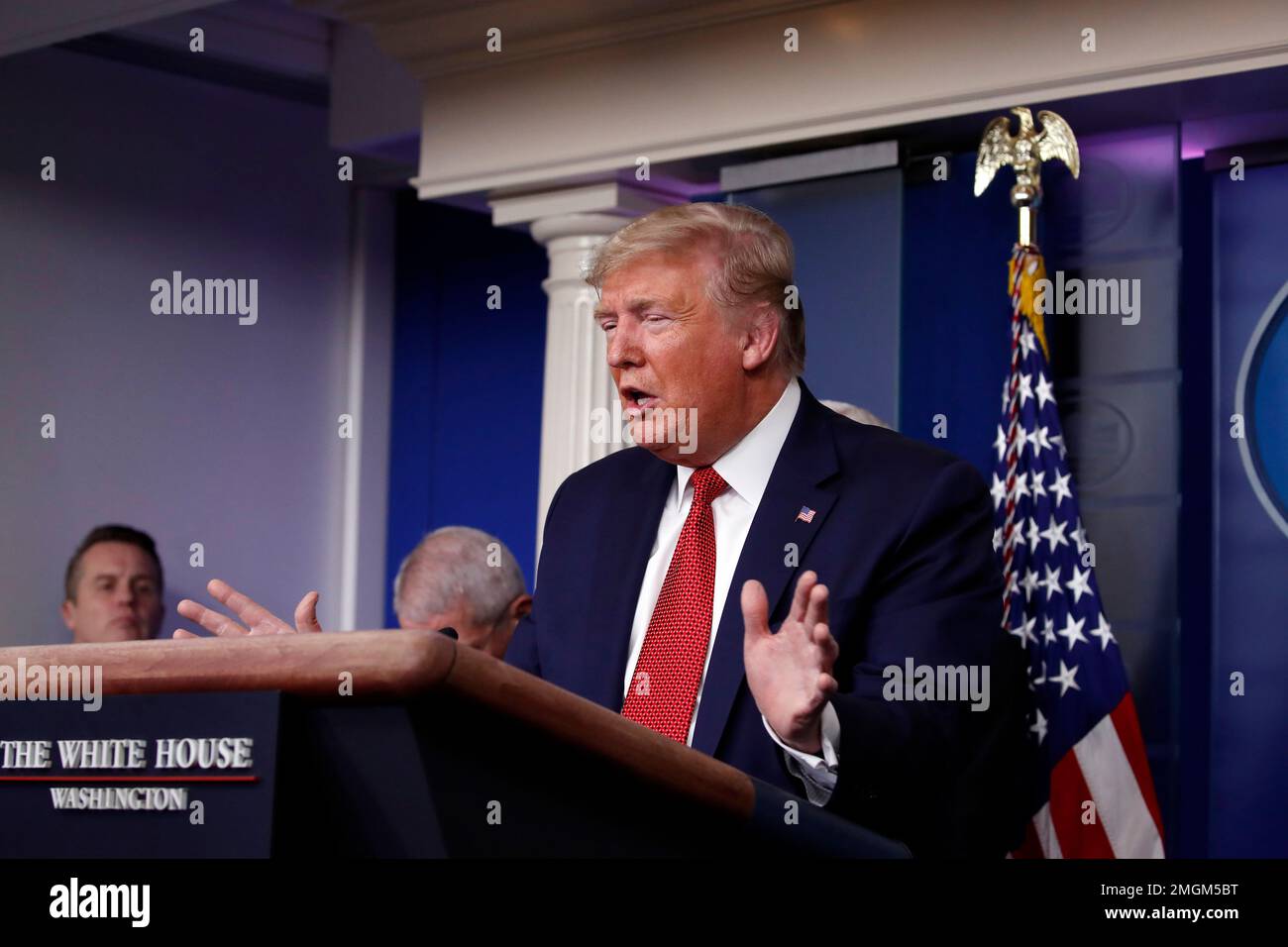 President Donald Trump speaks about the coronavirus in the James Brady ...
