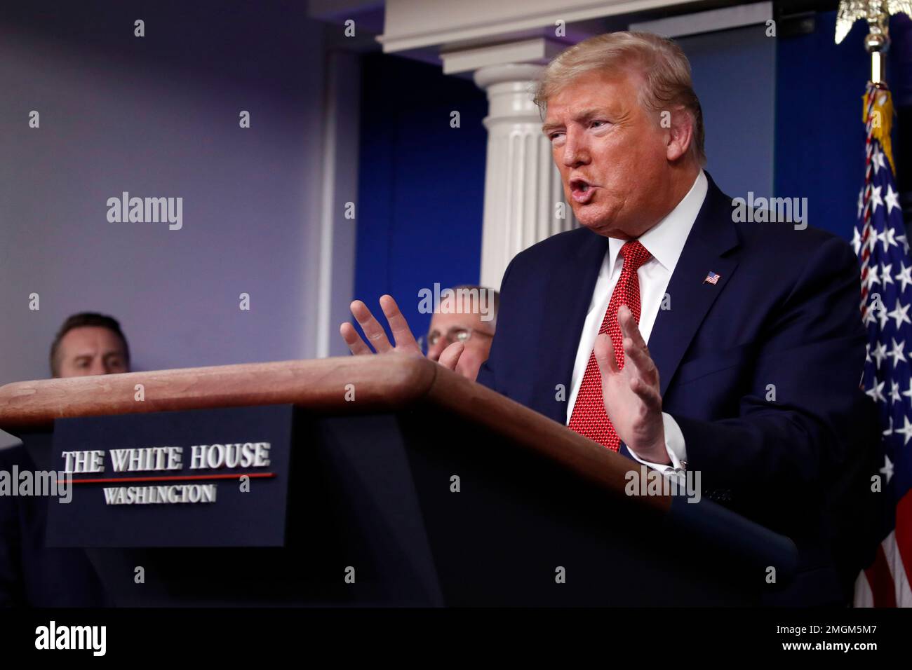 President Donald Trump speaks about the coronavirus in the James Brady ...