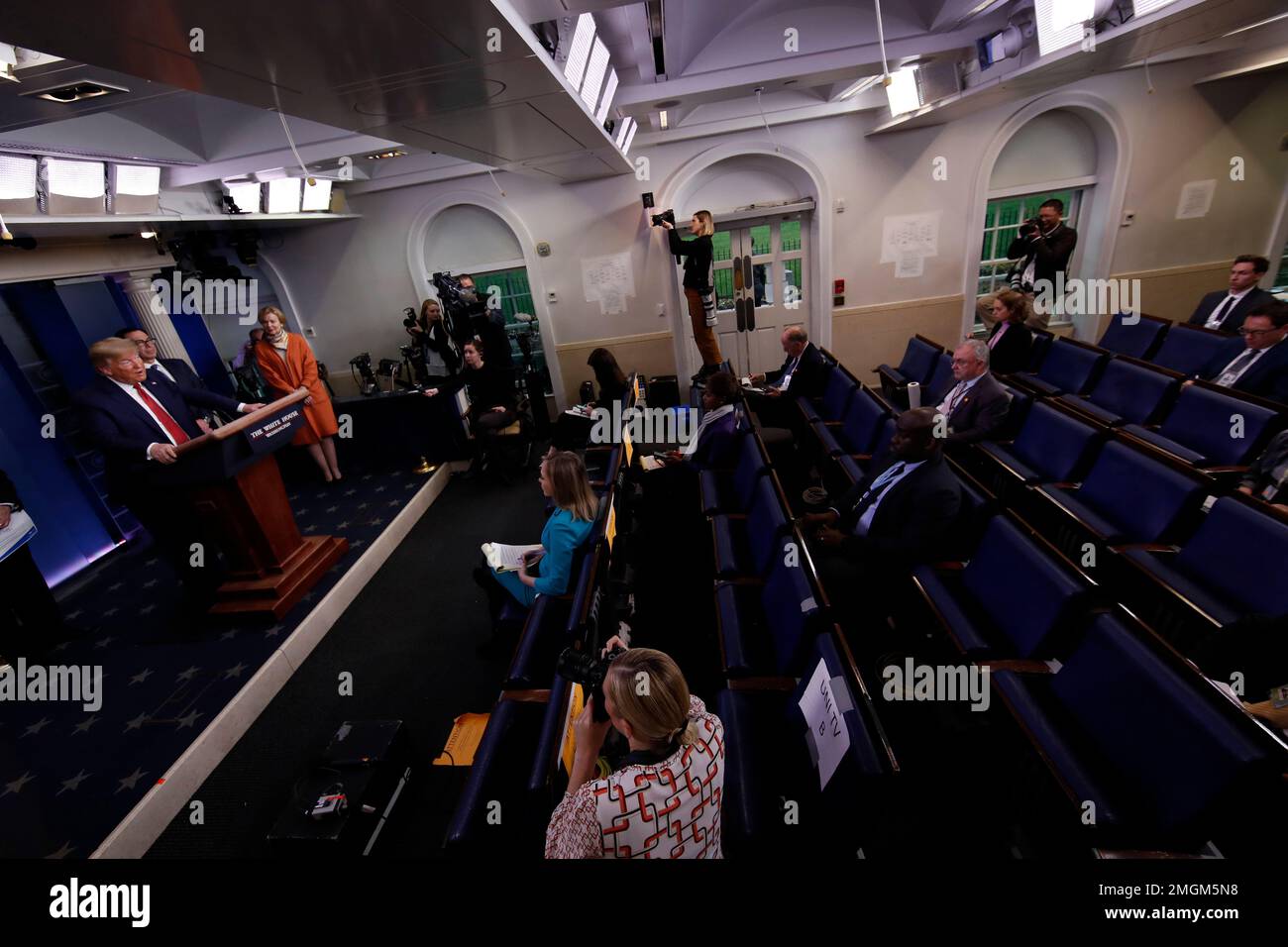 President Donald Trump speaks about the coronavirus in the James Brady ...