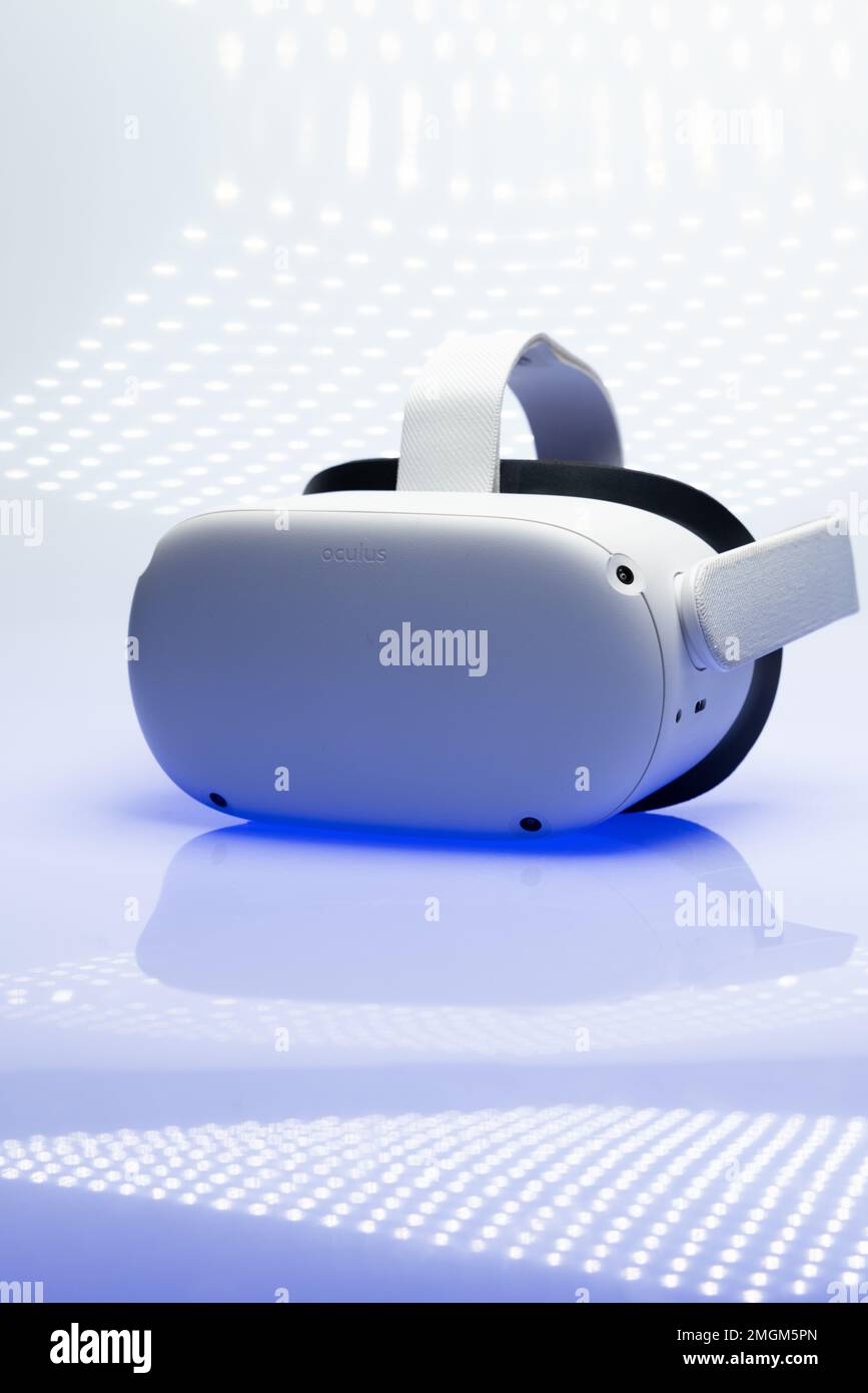 White new generation VR headset isolated on white background with blue ...